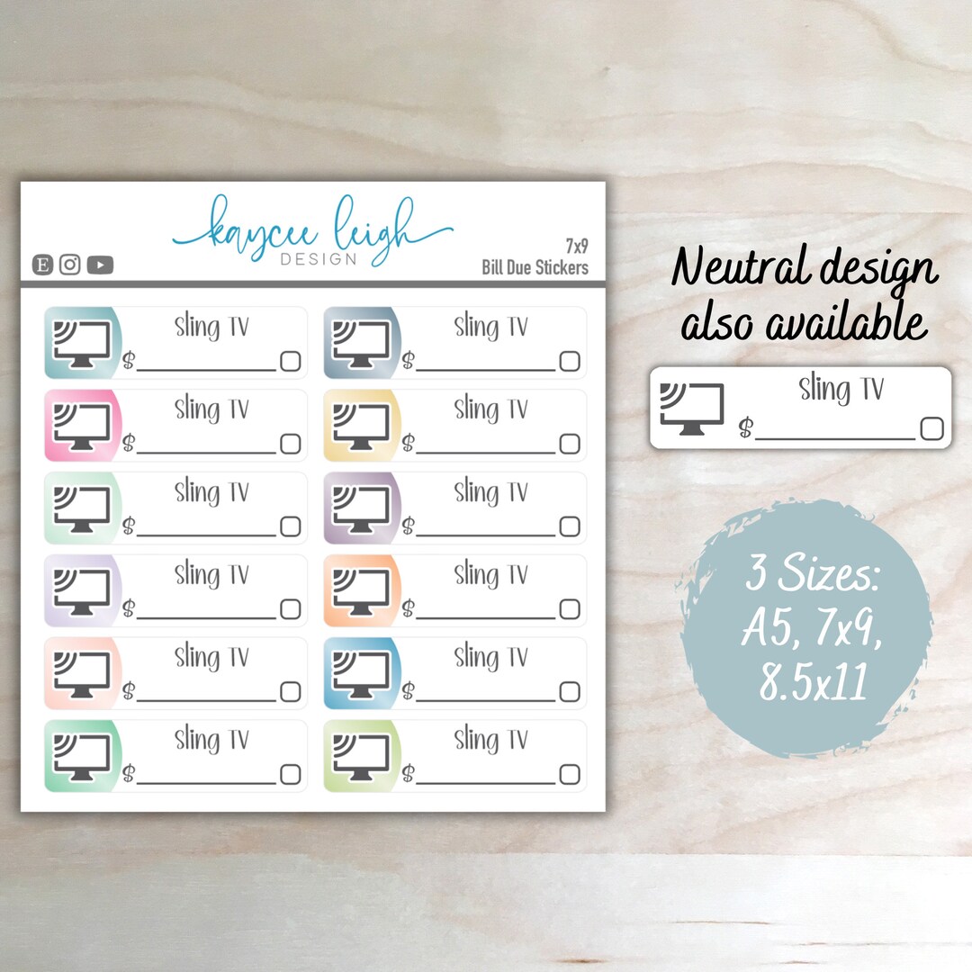 Sling TV Bill Due Planner Stickers | Colorful or Neutral | A5, 7x9, and ...