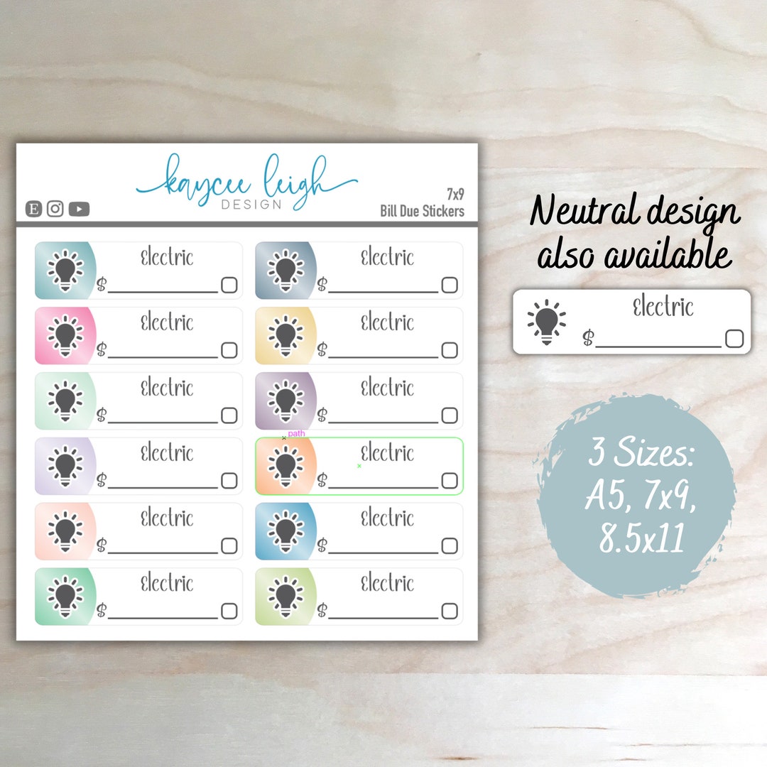 Electric Bill Due Planner Stickers | Colorful or Neutral | A5, 7x9, and ...