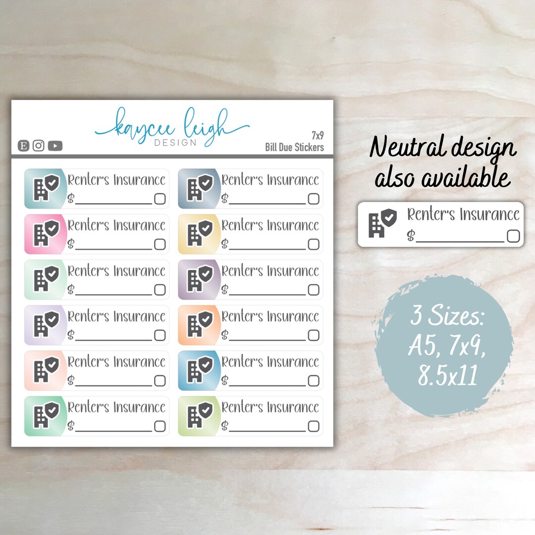 Renter's Insurance Bill Due Planner Stickers Colorful or - Etsy