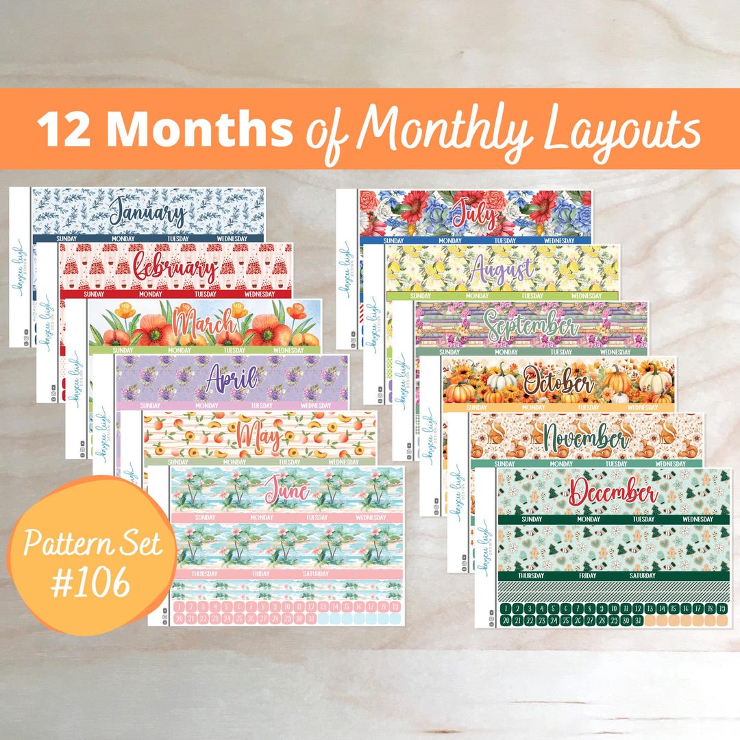 12 Months of Monthly Layout Stickers | 12 Different Designs | A5, 7x9 ...