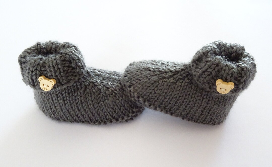 Dark Grey Knit Unisex Baby Booties With Teddy Buttons, Baby Reveal ...