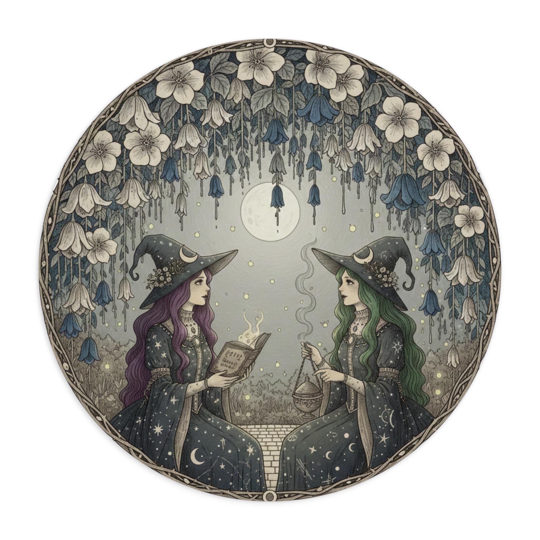 Witch Sisters Illustration Mouse Pad | Moonlit Spellbook Scene | Cute ...
