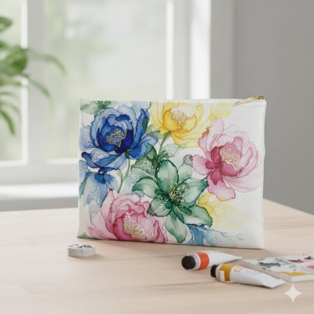 Watercolor Floral Pouch Accessory Pouch | Pink Blue Yellow Peony Zipper ...