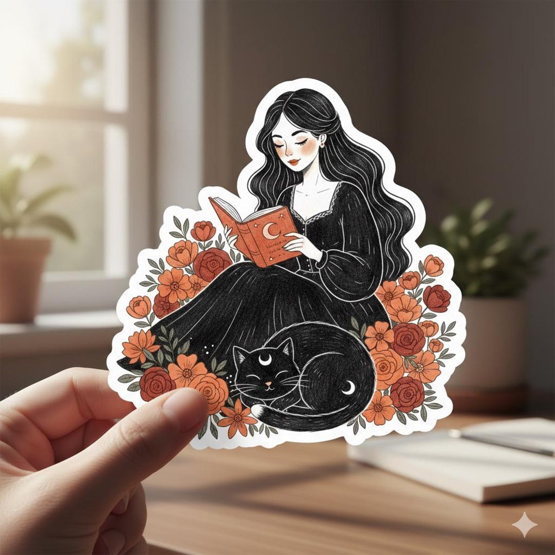 Witchy Girl Read With a Cat Sticker | Fantasy Vintage Girl Reading ...