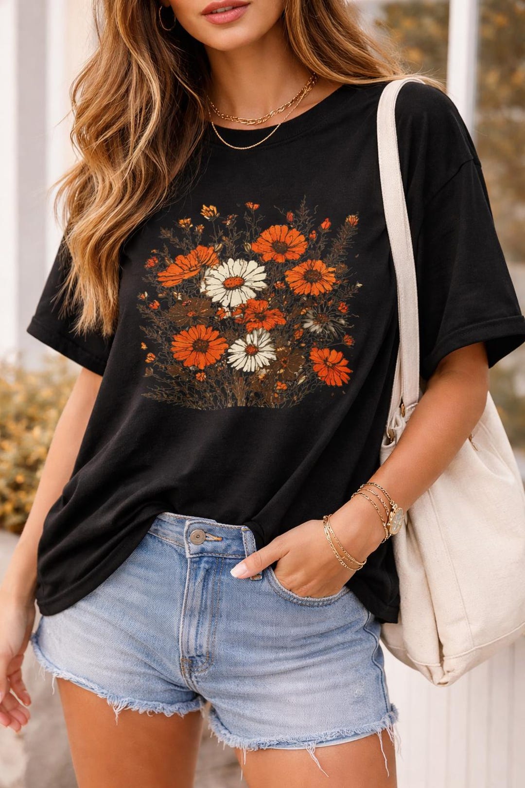 Orange Cute Wildflower Bouquet T-shirt for Woman for Girl Floral Daisy ...