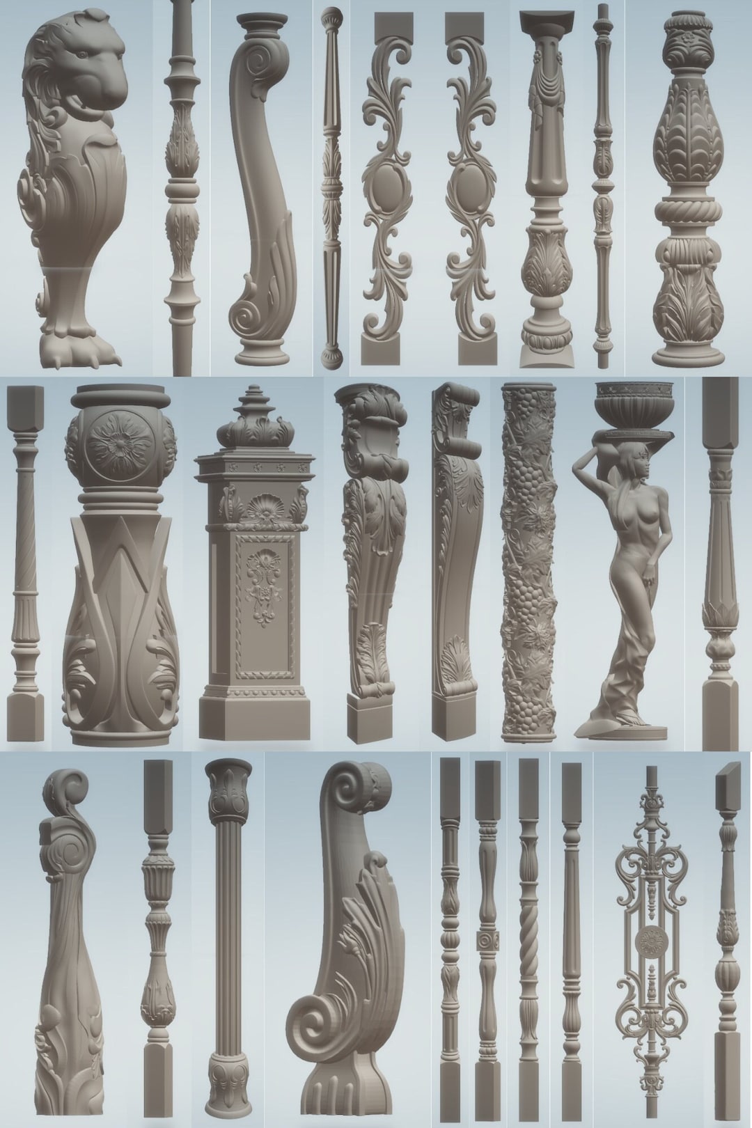 3D STL Models Pillars Balusters Fences 67 Pcs Deco for CNC Router ...