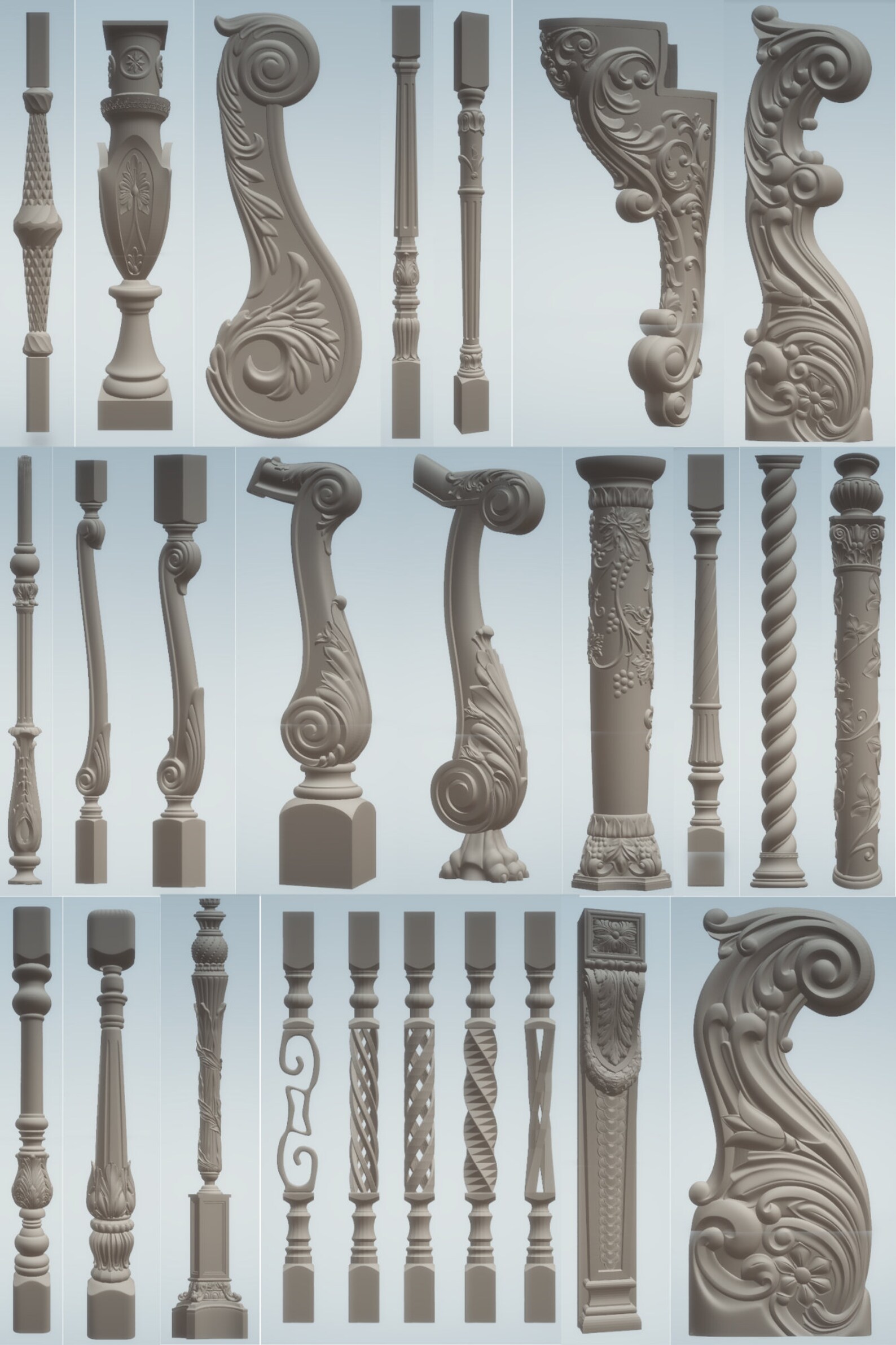 3D STL Models Pillars Balusters Fences 50pcs Deco for CNC Router Aspire ...