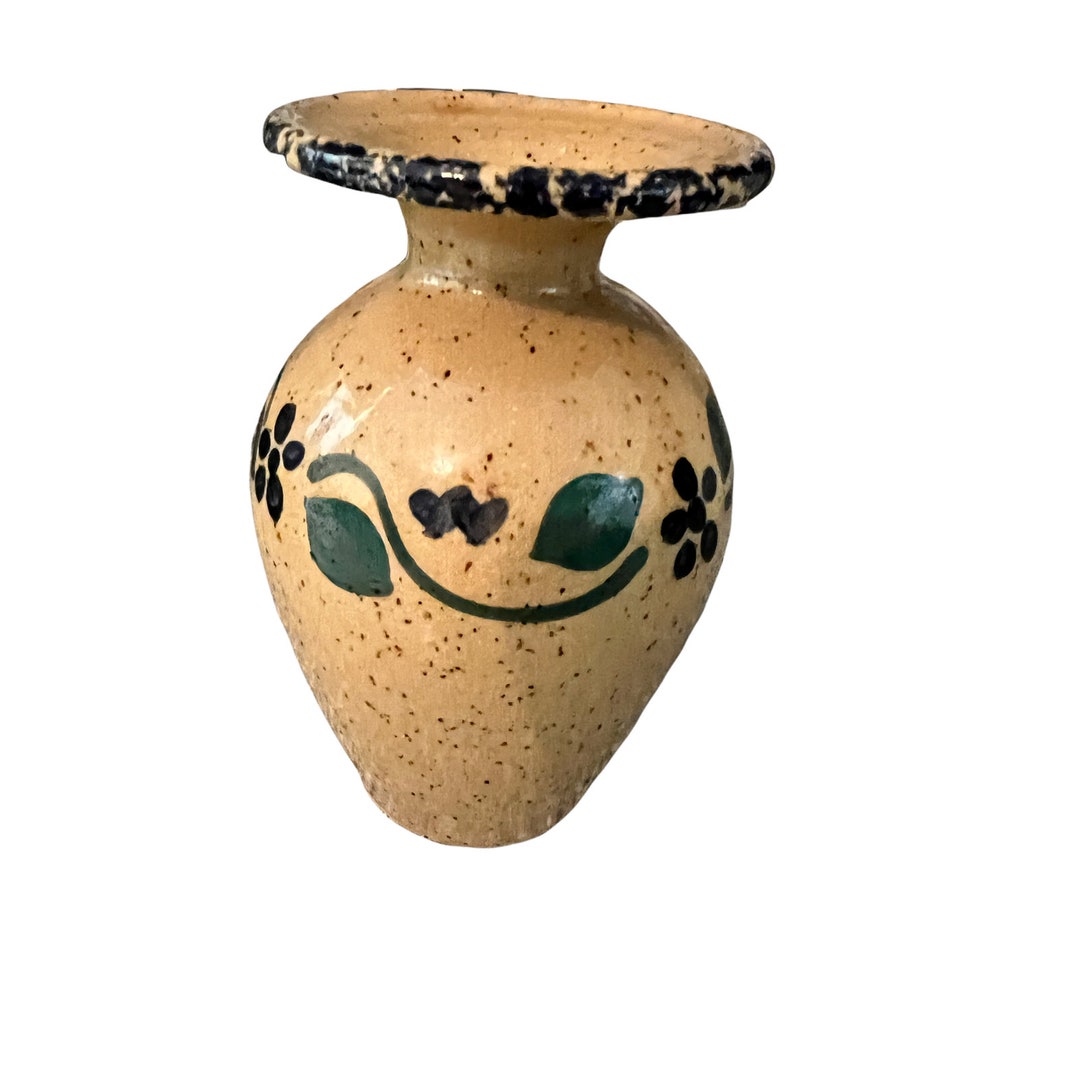 Vintage Three Rivers Pottery Vase Green Vines Blue Flowers 6" Tall 1996 ...