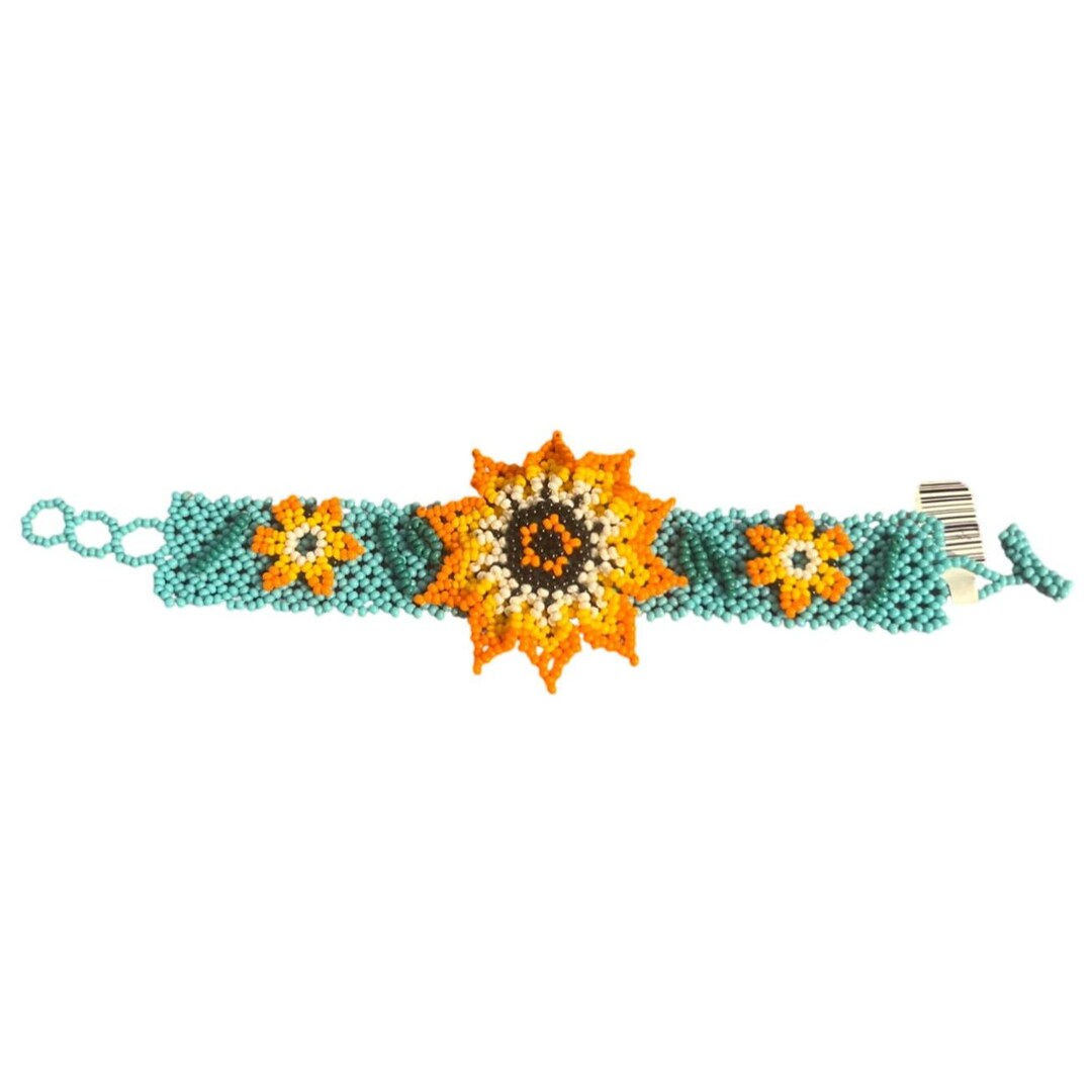 Shakira Huichol Seed Bead Cuff Bracelet 3D Flowers Turquoise Orange 3 ...