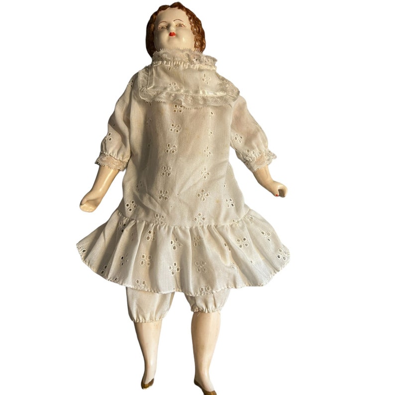 Vintage 70s Reproduction Porcelain China Doll Cloth Body Eyelet Dress