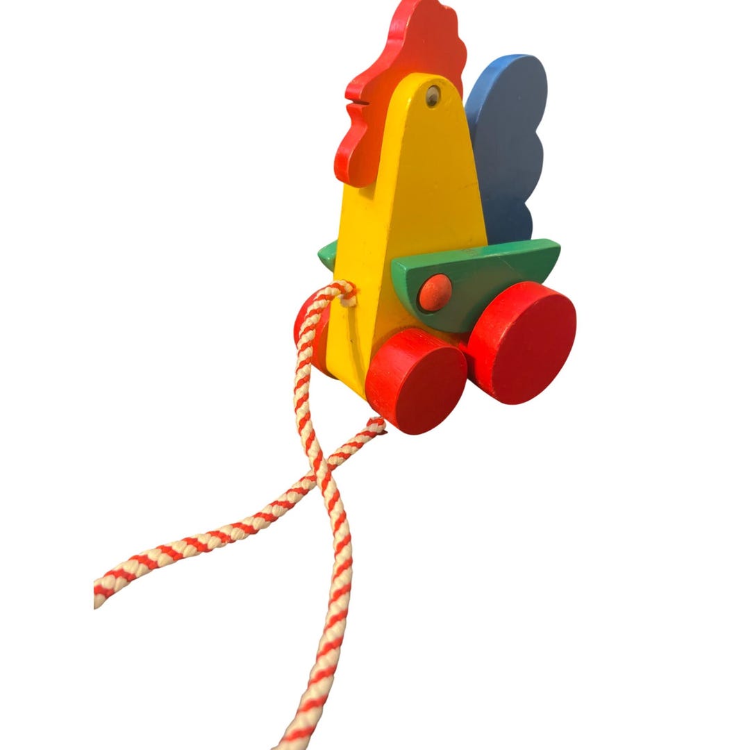 Vintage EDDU Wooden Rooster Chicken Pull Toy Colorful Thailand 6 ...