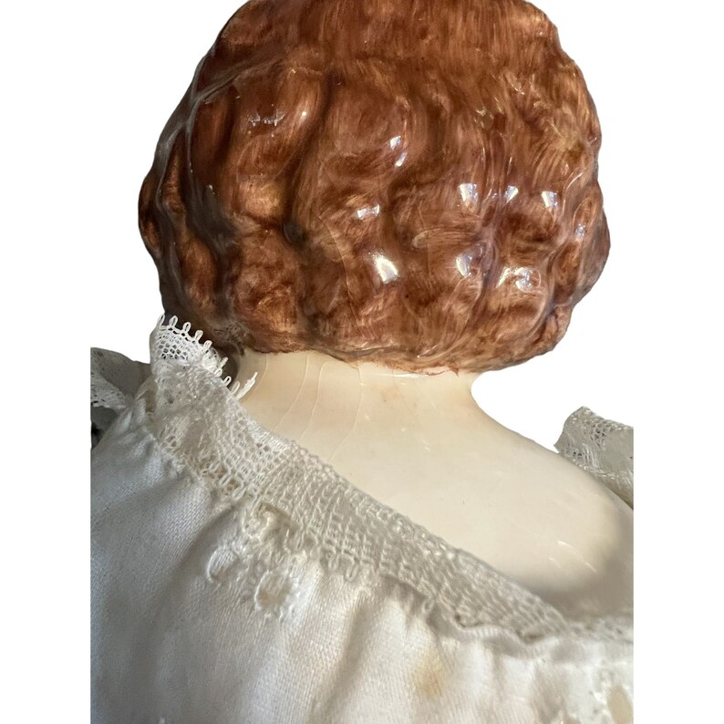 Vintage 70s Reproduction Porcelain China Doll Cloth Body Eyelet Dress