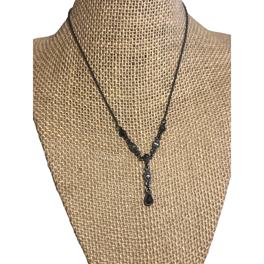 Vintage 1928 Gunmetal Y Necklace Black Clear Rhinestones Rope Chain Adj ...