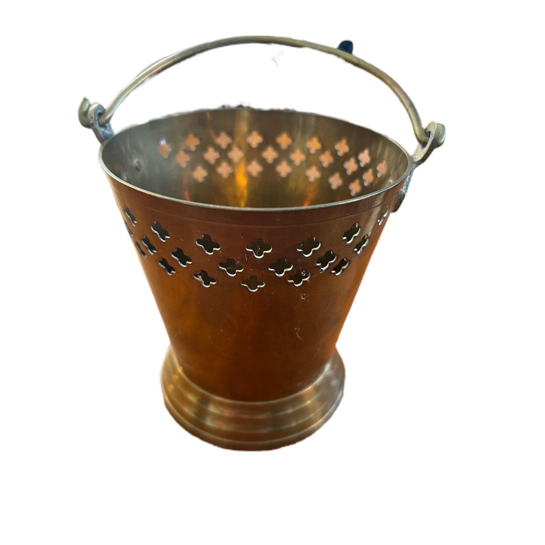Vintage Brass Basket Pail Flower Pot Cutout Design Handle 7.5" Tall ...