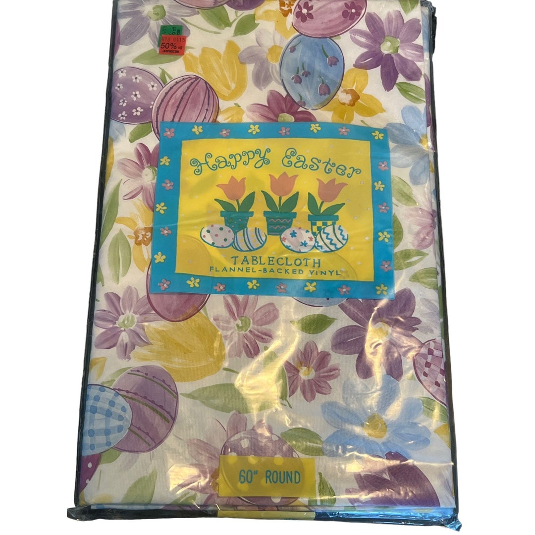 Vintage Elrene Vinyl Tablecloth Happy Easter Flannel Back 60" Round NEW ...