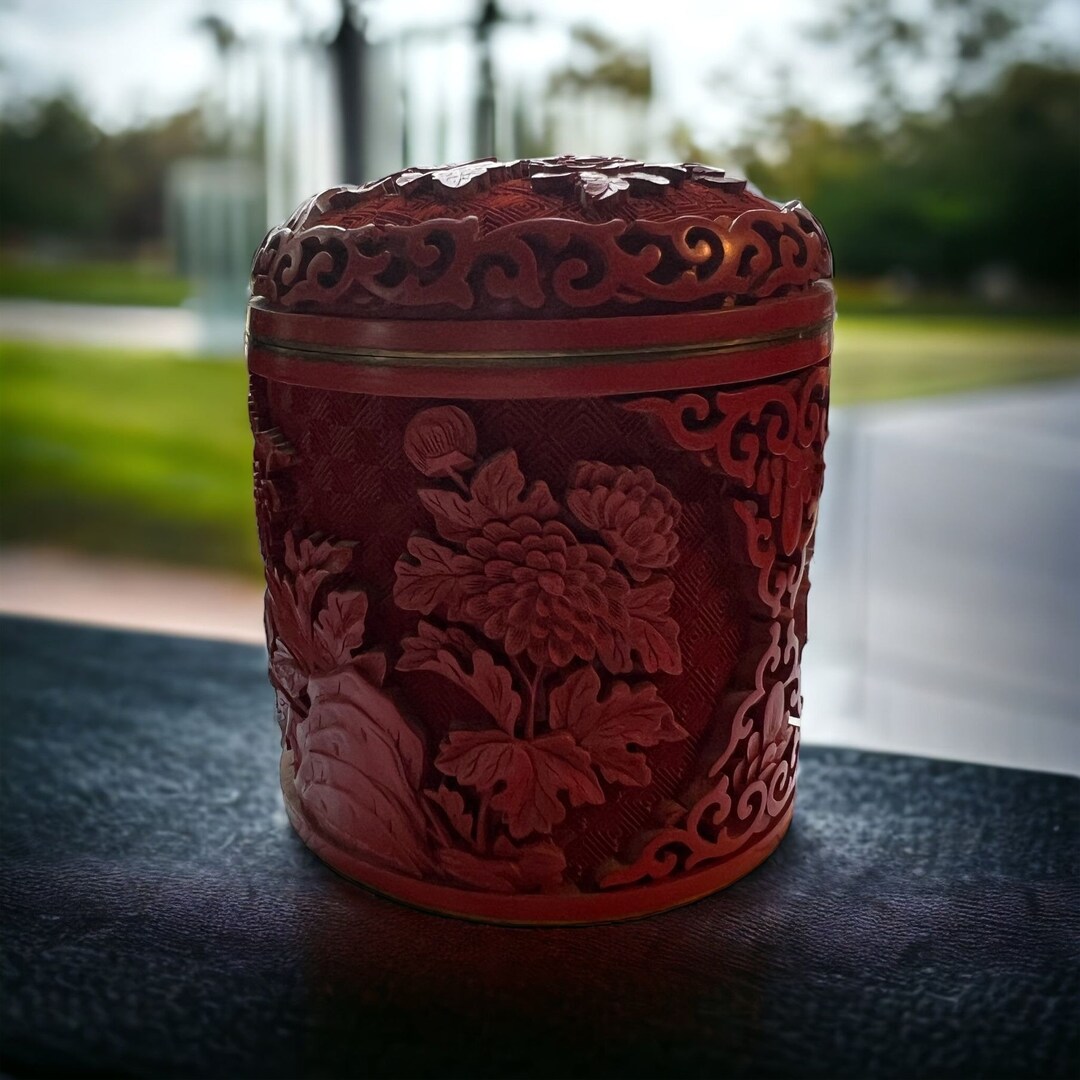 Vintage Red Cinnabar Chinese Carved Ginger Jar Tea Jar Blue Enamel ...