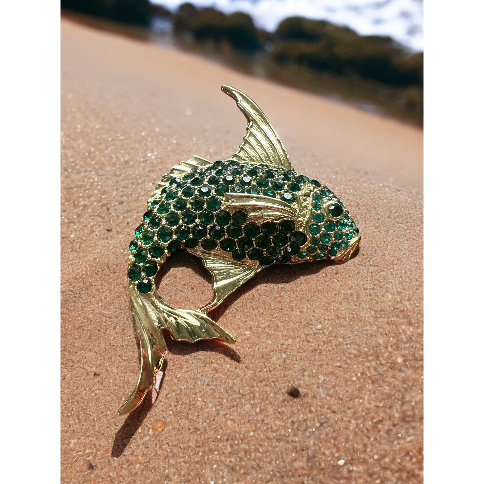 Vintage Ciner Unsigned Koi Fish Pin Brooch Gold Tone Green Rhinestones ...