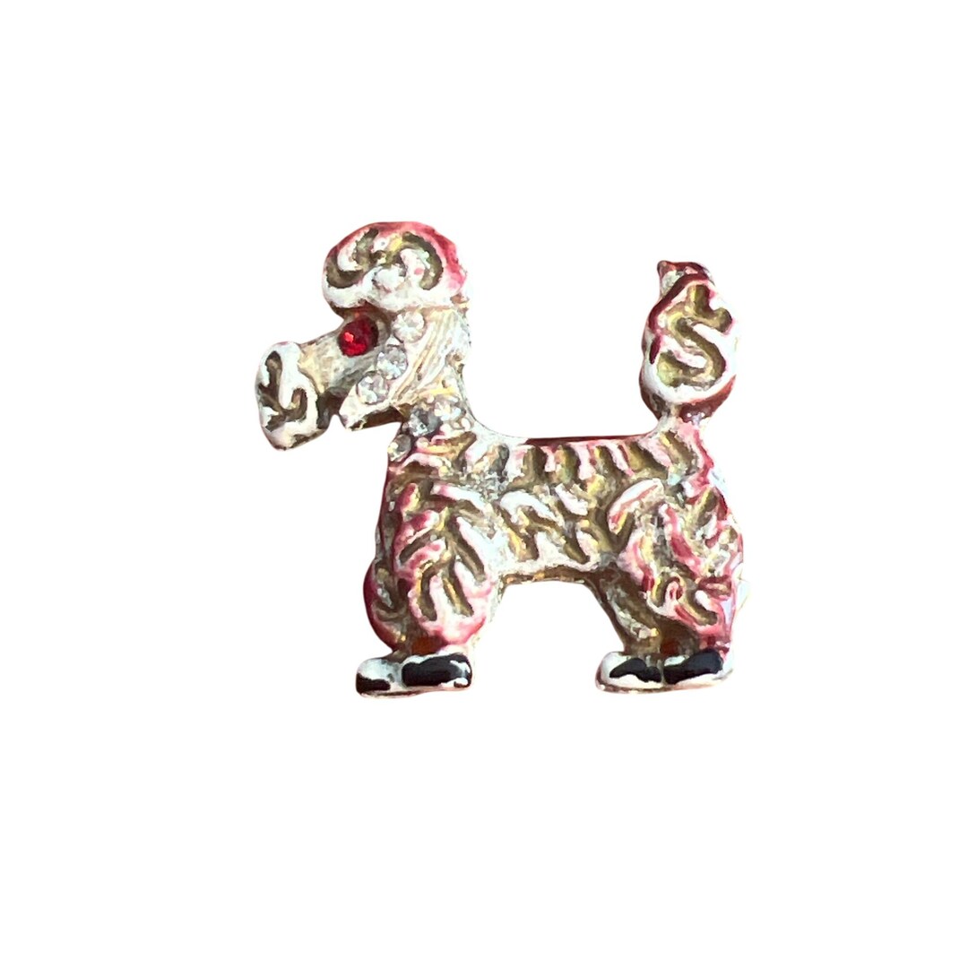 Vintage MCM Poodle Lapel Pin Brooch Gold Tone White Red Black ...