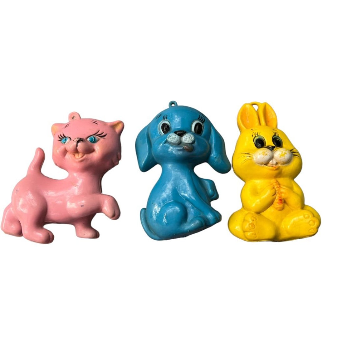 Vintage Plastic Rubber Baby Toys Pink Cat Blue Dog Yellow Bunny - Etsy
