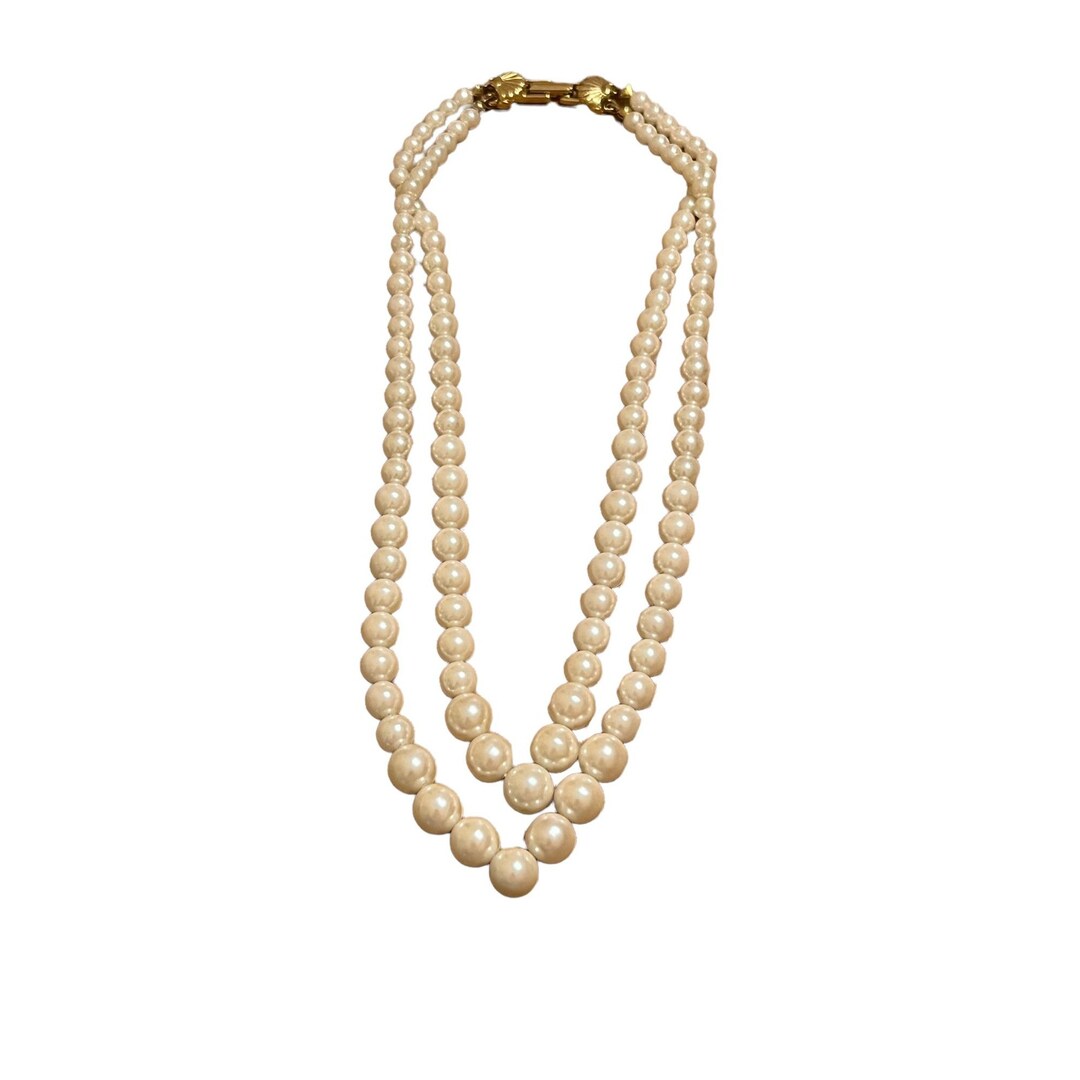 Vintage Richelieu Double Strand Necklace Faux Pearl V Shaped Gold Tone ...
