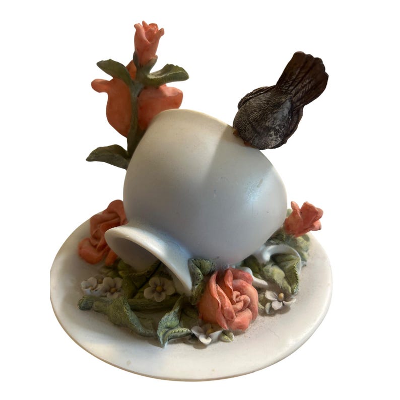 Vintage Teacup Birds Roses Figurine Resin Young Inc 6" Across 5.5" Tall ...