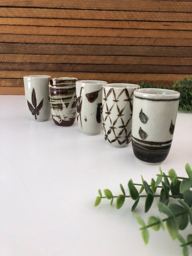 Vintage Stoneware Japanese Tall Tea Cups Set of 5 Abstract - Etsy