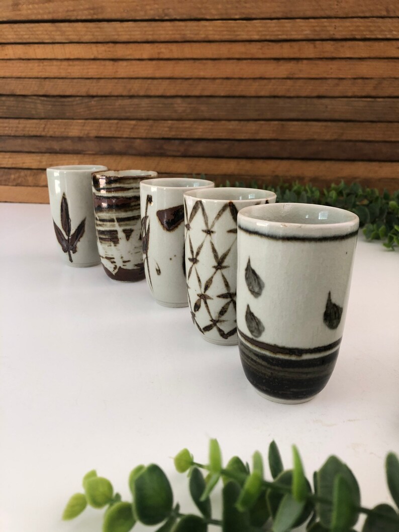 Vintage Stoneware Japanese Tall Tea Cups Set of 5 Abstract - Etsy