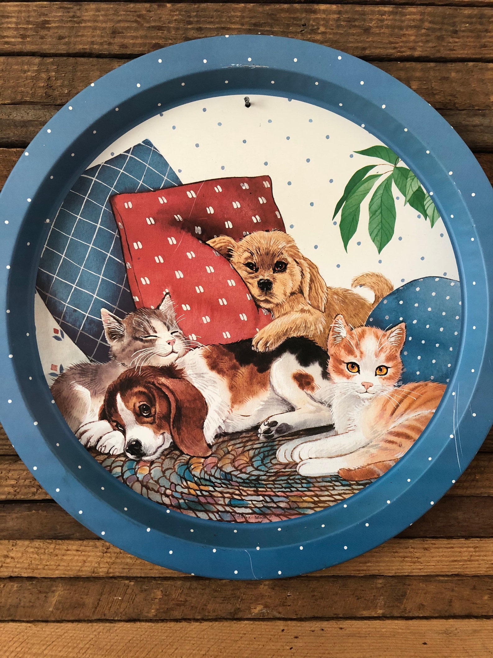Vintage Metal Tray, Puppies & Kittens, Dogs and Cats Round Tin Serving ...
