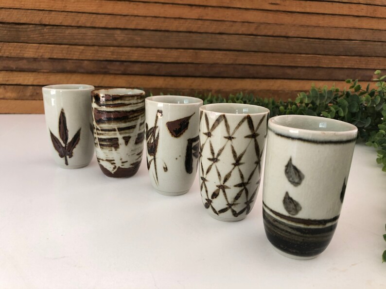 Vintage Stoneware Japanese Tall Tea Cups Set of 5 Abstract - Etsy