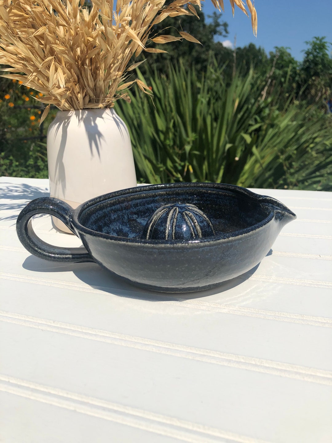 Vintage Blue Pottery Juicer, Handmade Pottery Citrus Juicer, Hand ...