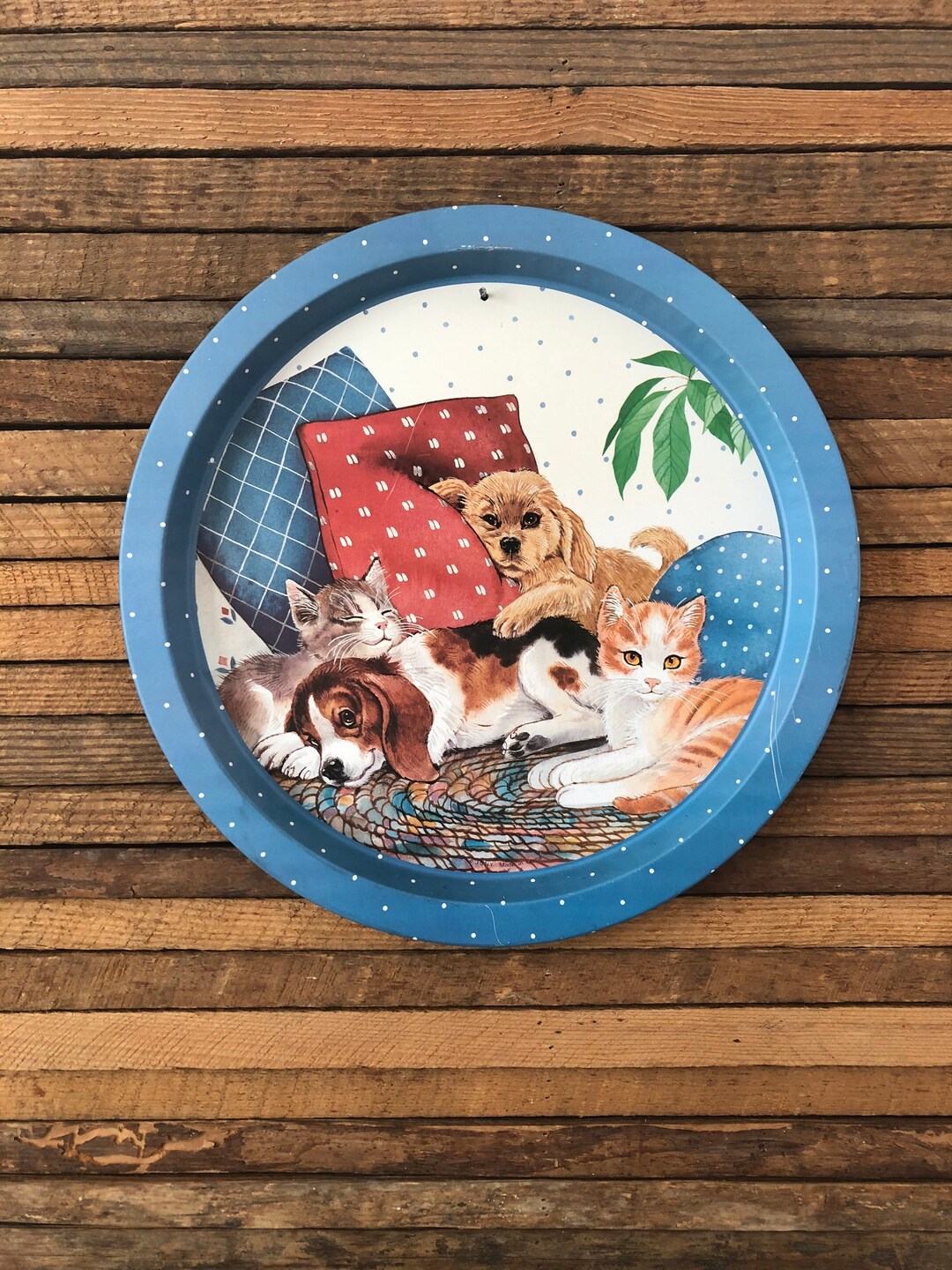 Vintage Metal Tray, Puppies & Kittens, Dogs and Cats Round Tin Serving ...