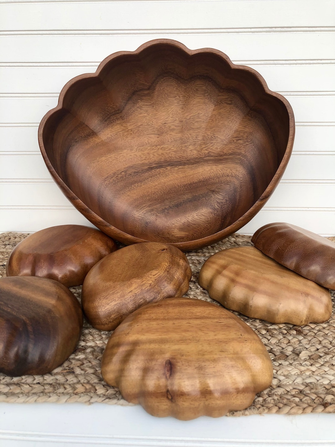 Vintage Monkey Pod Salad Bowl Serving Set, 7 Piece Monkey Pod Scalloped ...