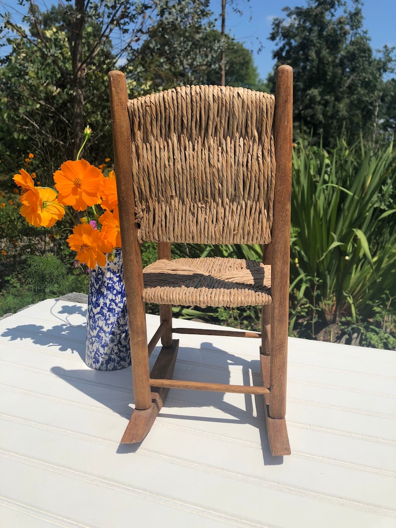 Vintage Miniature Wooden, Rattan Rocking Chair, Doll Chair, Stuffed ...