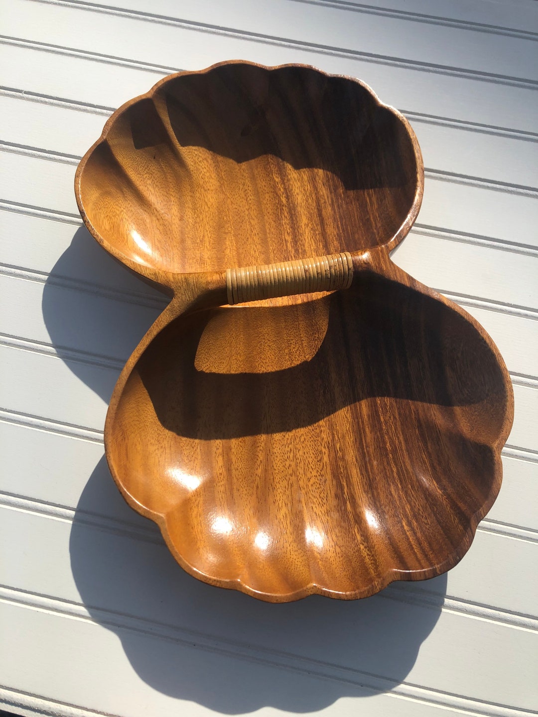 Vintage Wooden Monkey Pod Serving Tray/ Dish With Rattan Handle, Wood ...