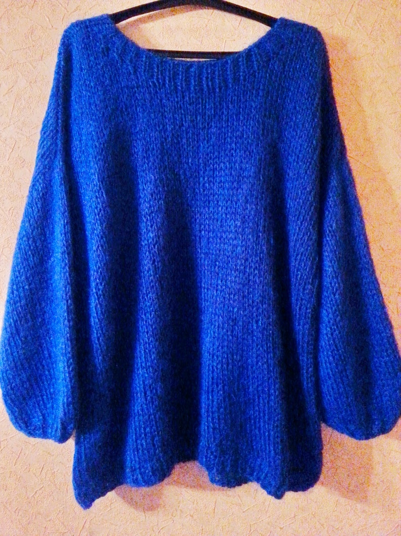 Blue Mohair Sweater Hand Knit Women Jumper Angora Wool Pullover ...
