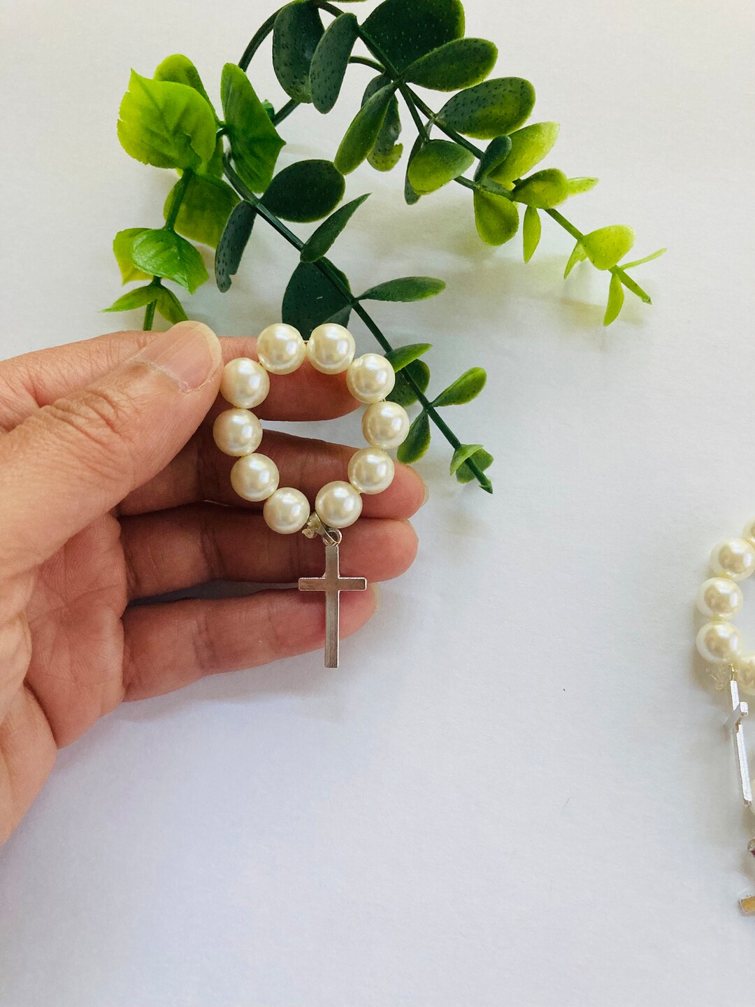 White Faux Pearl Bead Finger Personalized Name Rosary Decade Tiny 10 ...