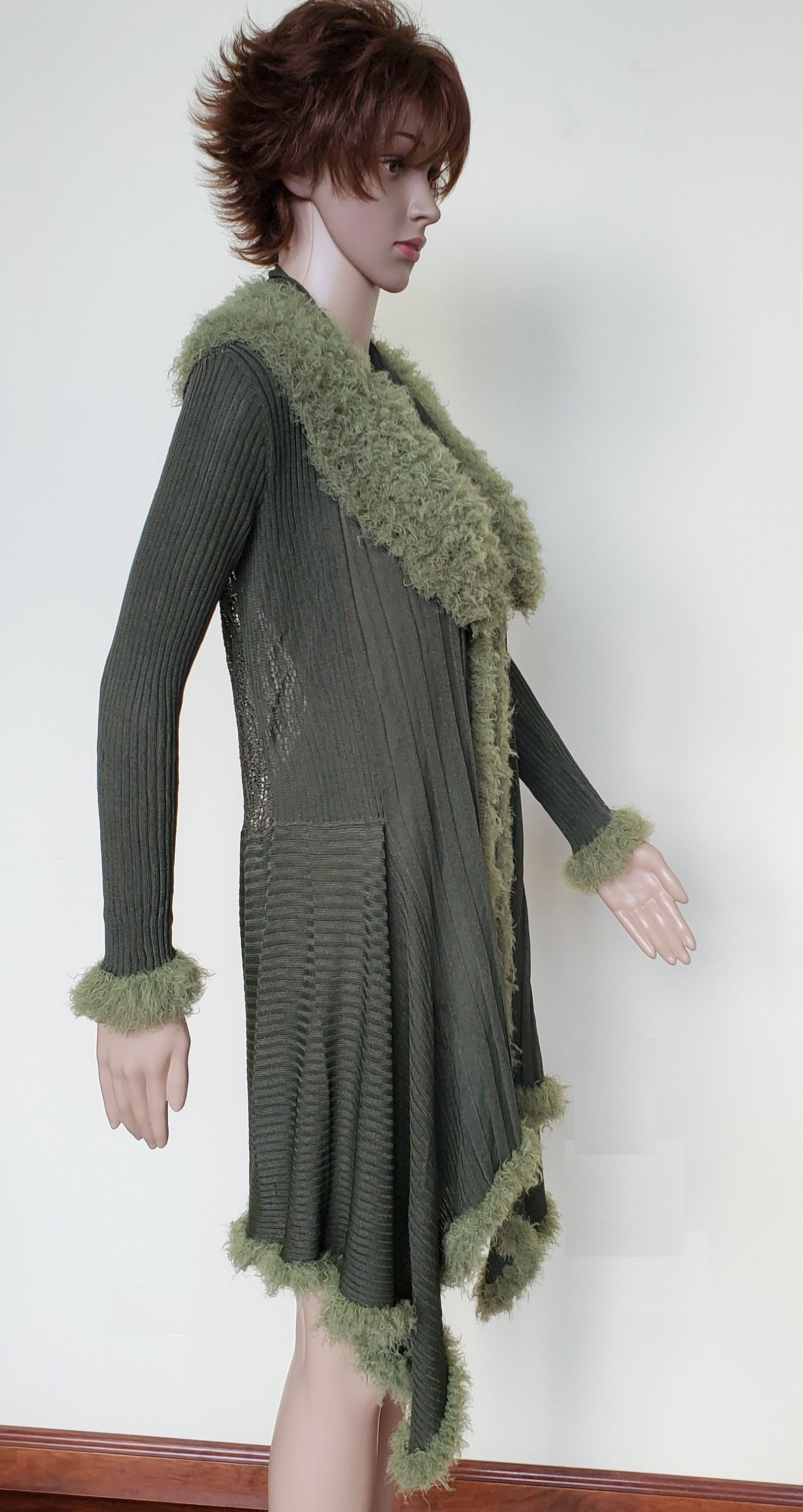 Light Cardigan / Duster – Knitted Fabric and Lace With Faux Fur Crochet ...