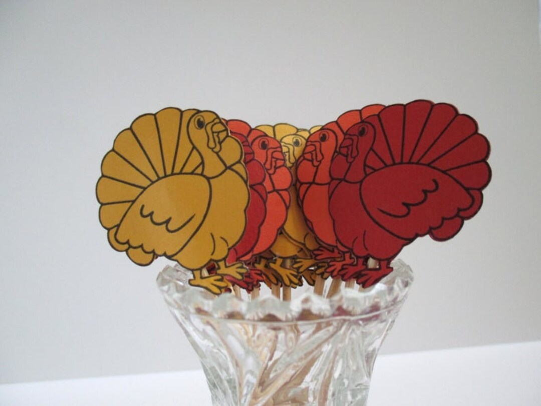 12 Cupcake Toppers Turkey - Picks - Food Picks for Fall Thanksgiving - Etsy