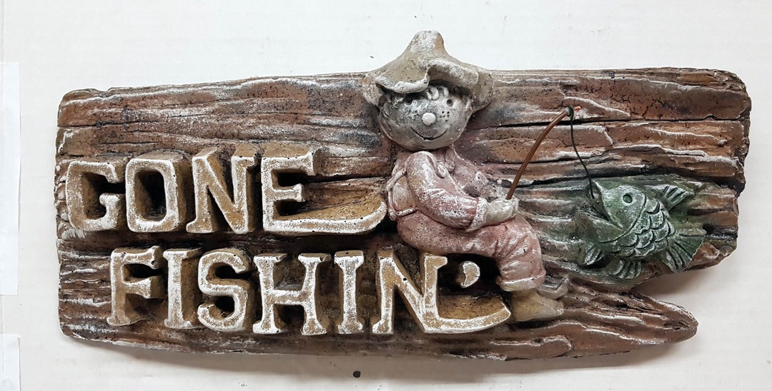 Gone Fishing Plaque, Concrete Plaque, 13 In.(33cm), Cottage Plaque ...