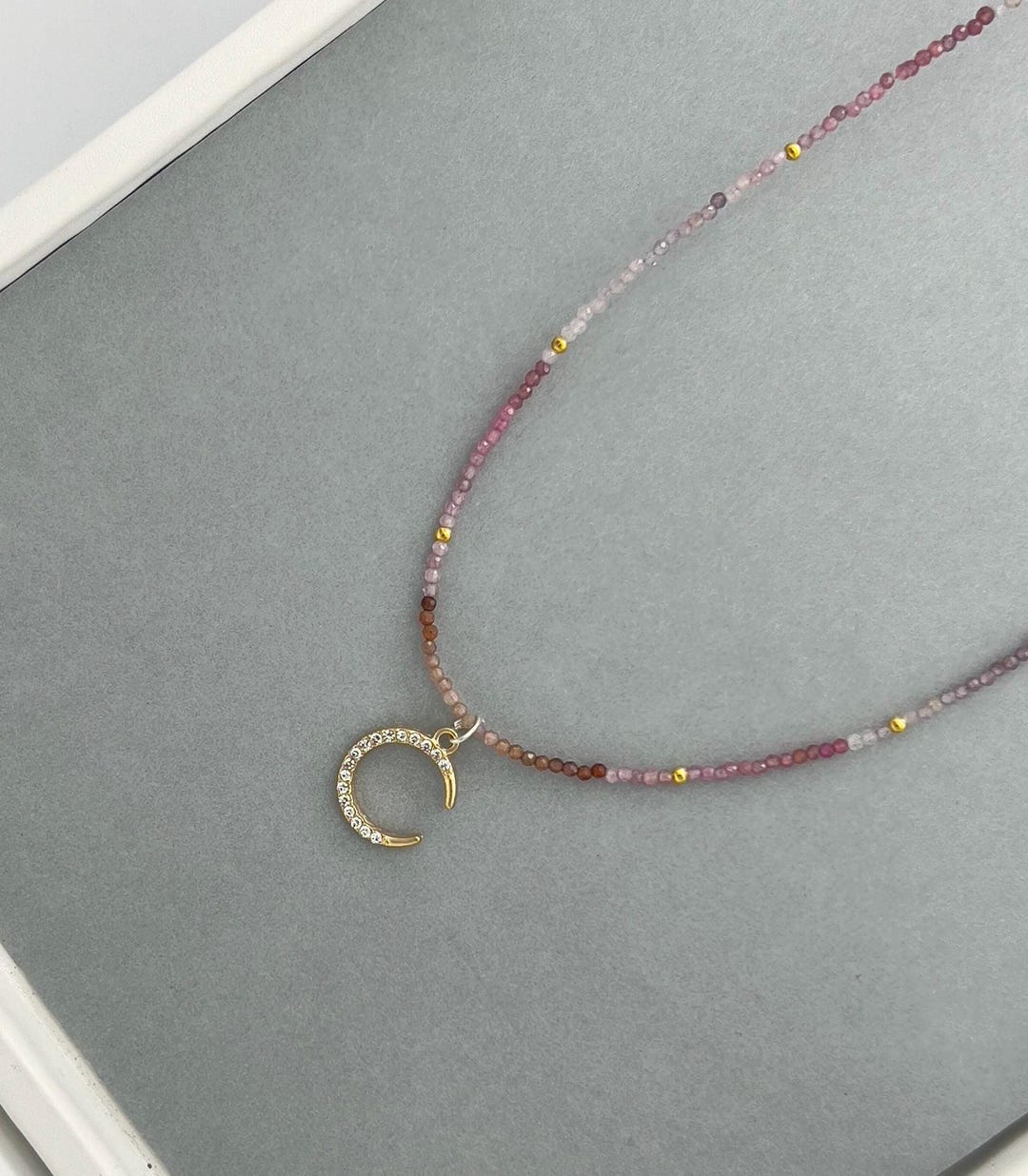 Multi Spinel Beaded Necklace, Natural Multicolor Gemstone, Moon Charm ...