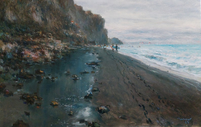 Original Surfing Oil Painting Low Tide 20" X 26" - Seascape Cliffs ...