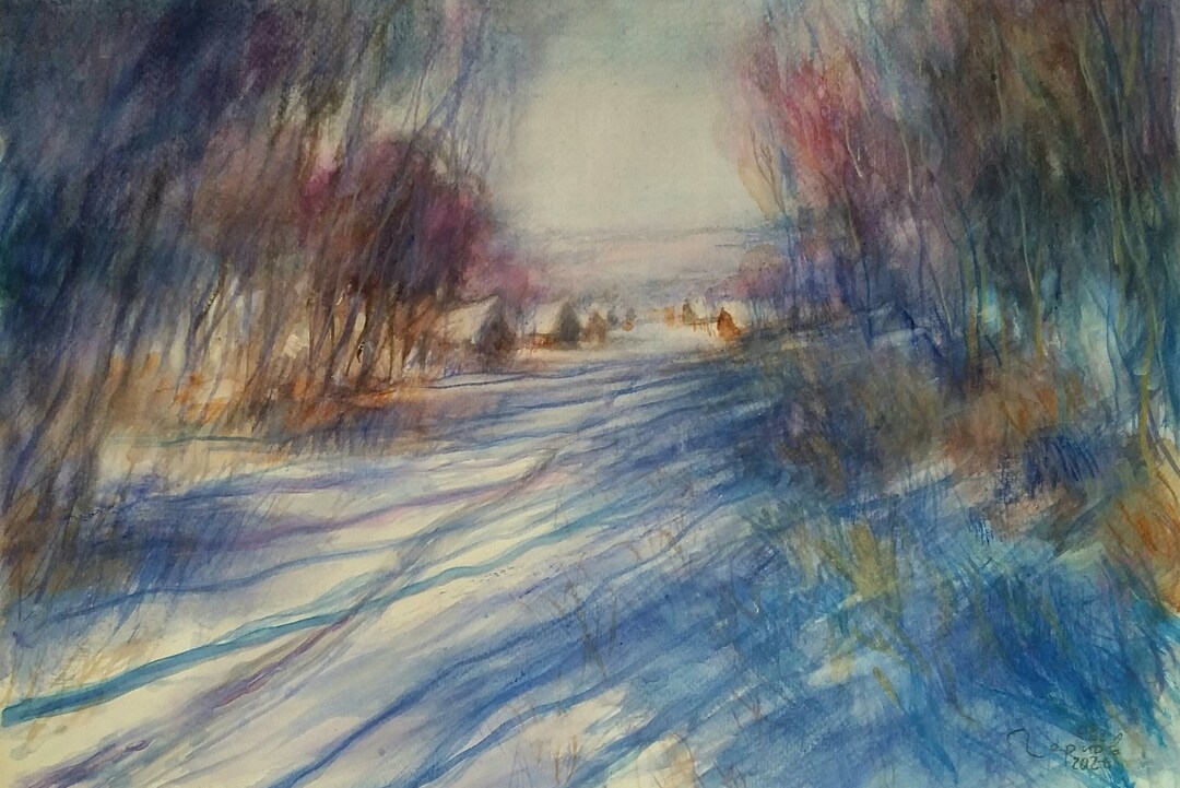 Winter Snow Scene Watercolor Painting: Impressionism Landscape (12" X ...