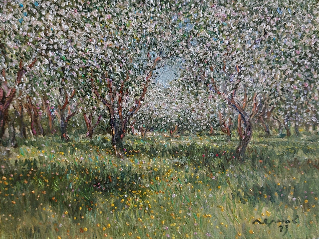 Blooming Trees Painting 7 X 9.5 Orchard Painting Spring Garden Painting ...