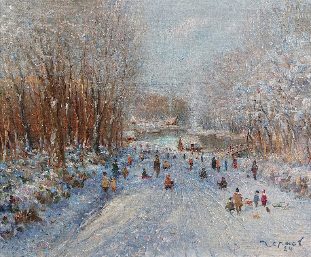 Winter Landscape River Painting Original 10" X 12" - Snow Scene French ...