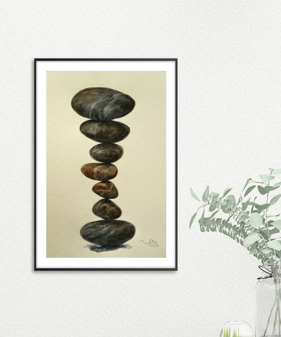 Zen Stacked Rocks Zen Stones Watercolor 16.5 X 12 Rock Balancing Art ...