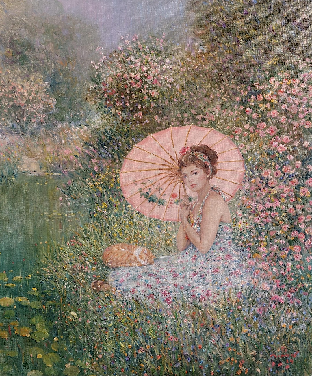 Woman Painting River Landscape 24 X 20 Rose Bush Painting Umbrella ...