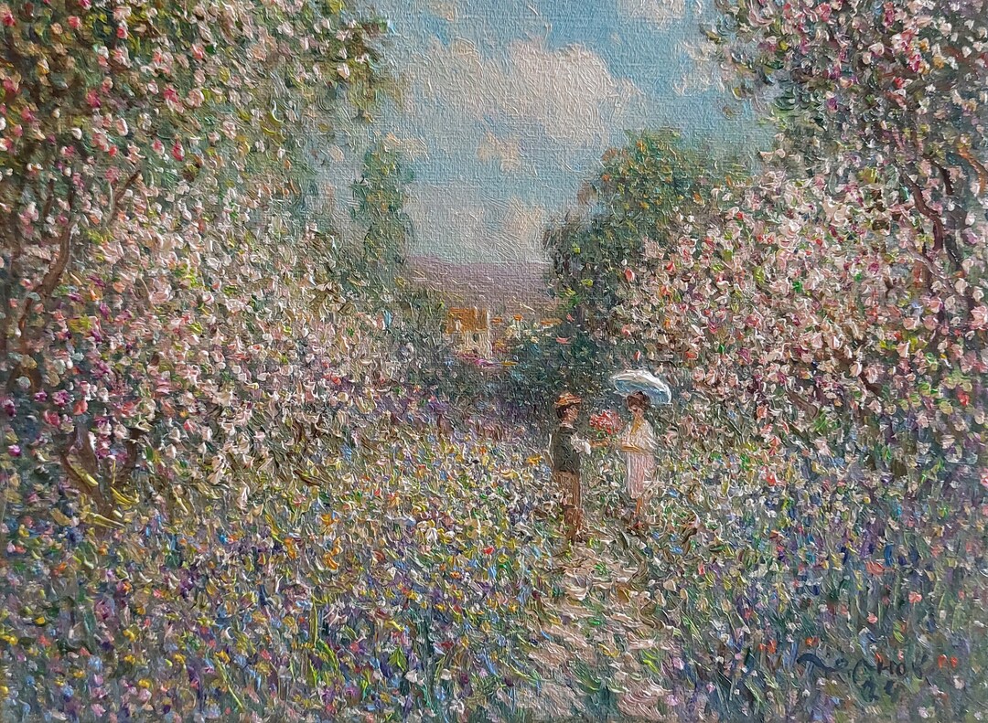 Orchard Painting 7 X 9.5 Flowering Tree Art Spring Landscape Couple ...