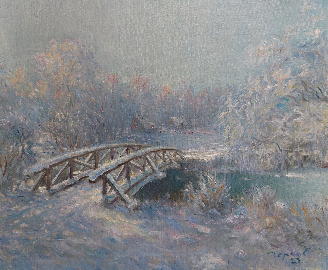 Winter Landscape River Painting Bridge 10" X 12" - Snow Scene ...