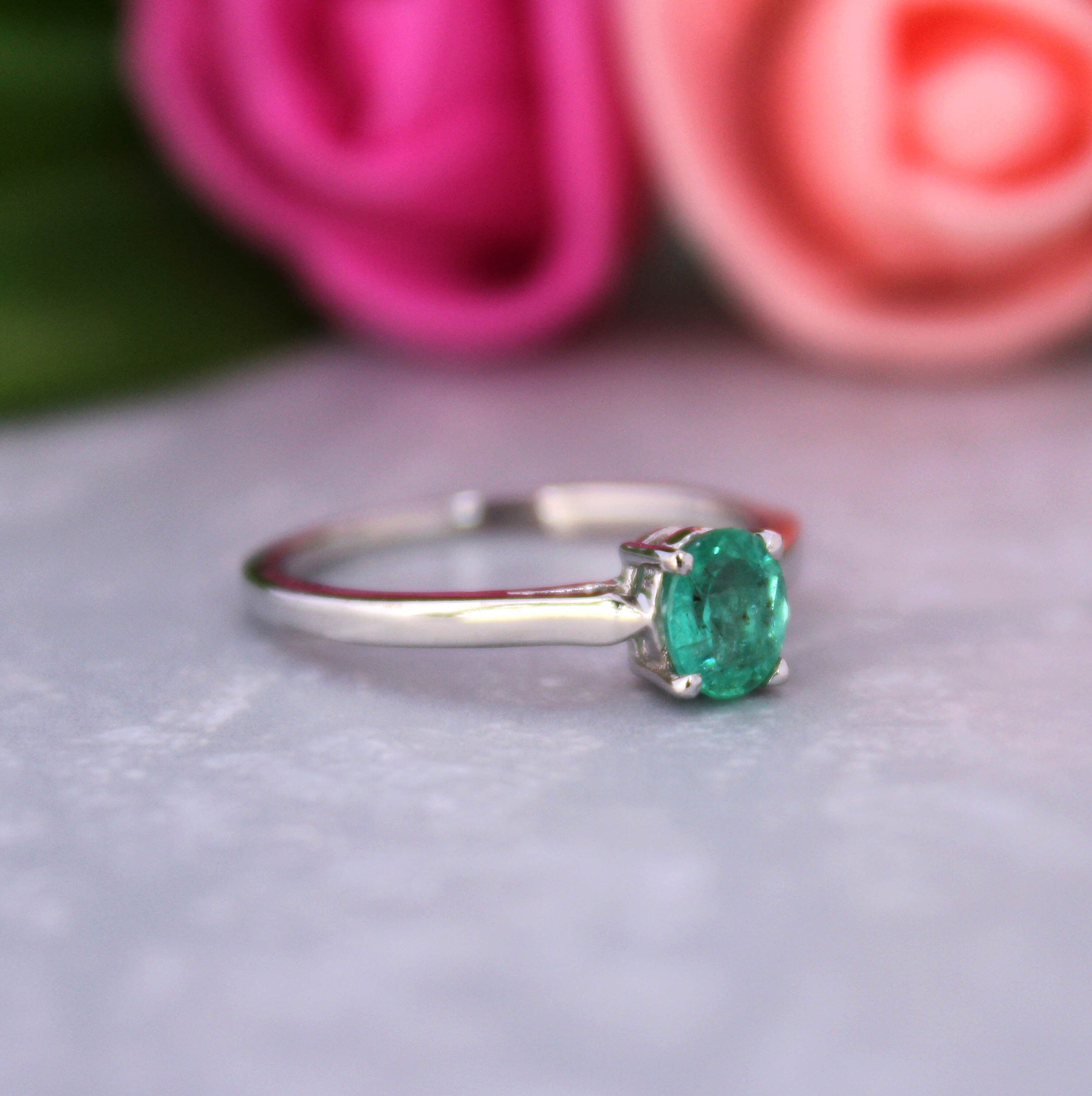 Natural Emerald Stack Ring-Emerald Oval Minimalist Stack Ring | Etsy