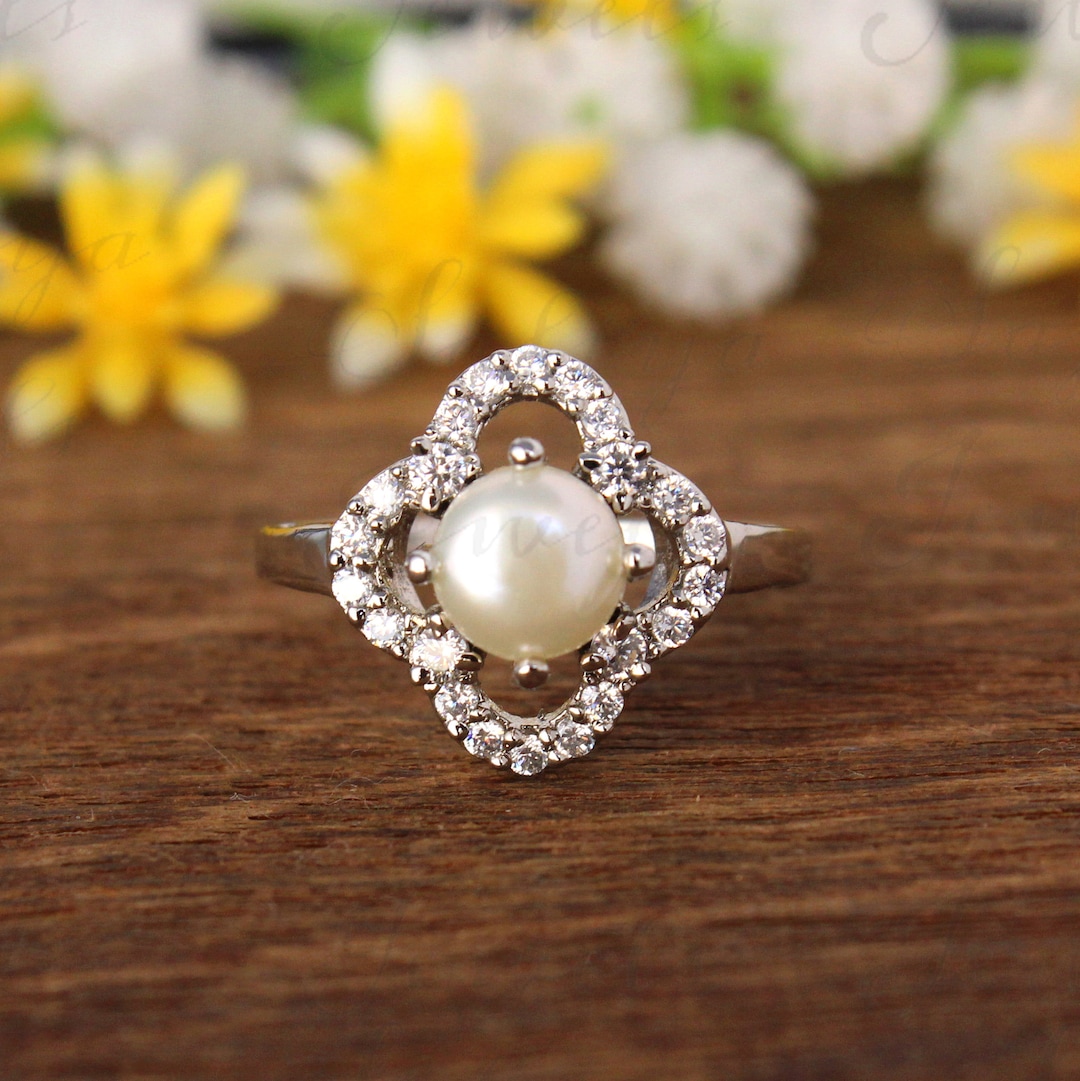 Real Pearl Engagement Band/ Art Deco Genuine Pearl Ring/ Wedding Pearl ...